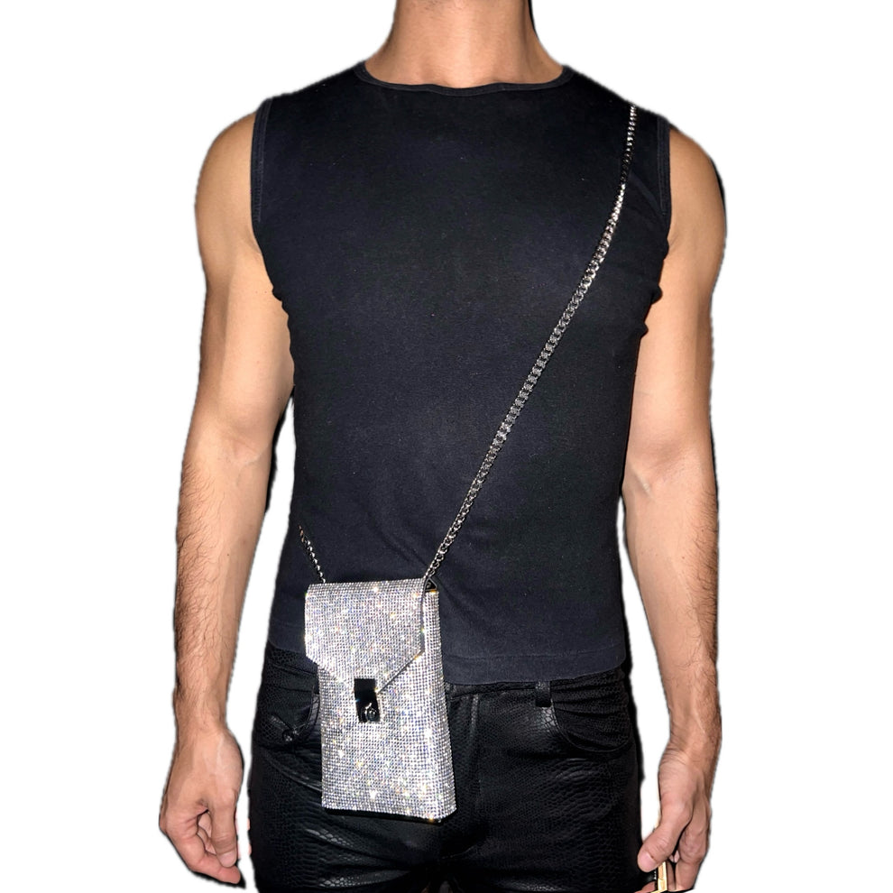 Faux Leather Rhinestone Crossbody Bag with Chain Strap – Haus of Circuit