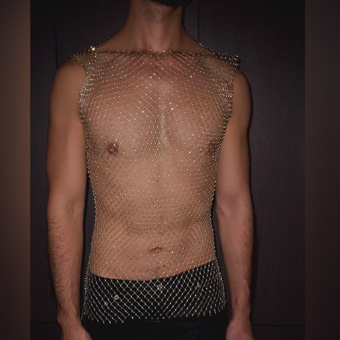 Rhinestone Gold Mesh Tank Top [Crew Neck] – Haus of Circuit