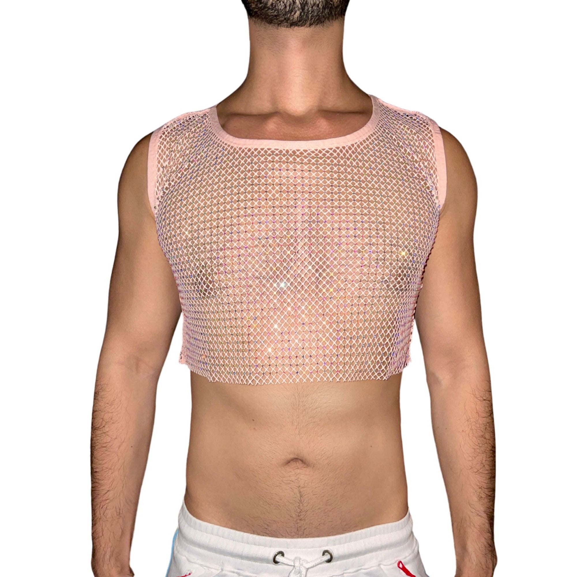 Pink Premium Rhinestone Mesh Crop Top [Crew Neck] – Haus of Circuit