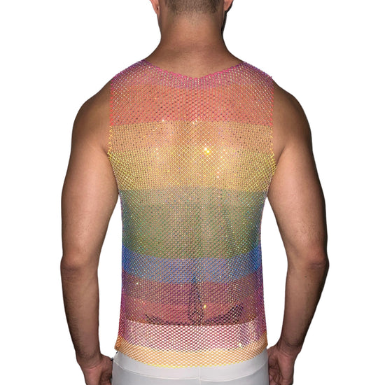 Rainbow Mesh Premium Rhinestone Raw Cut Tank Top [Crew Neck] – Haus of ...